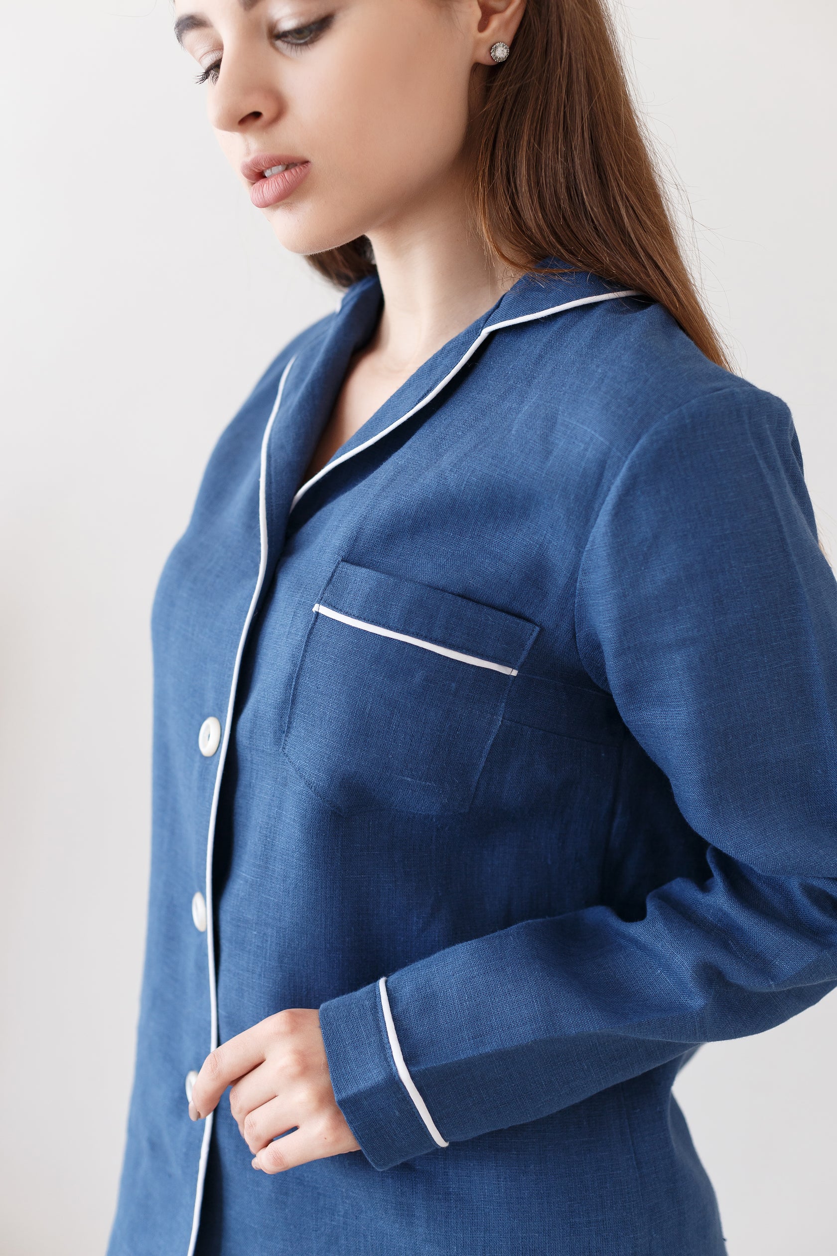 Blue Linen Pajama Set with Piping - Cozy and Stylish Nightwear – Beanchy